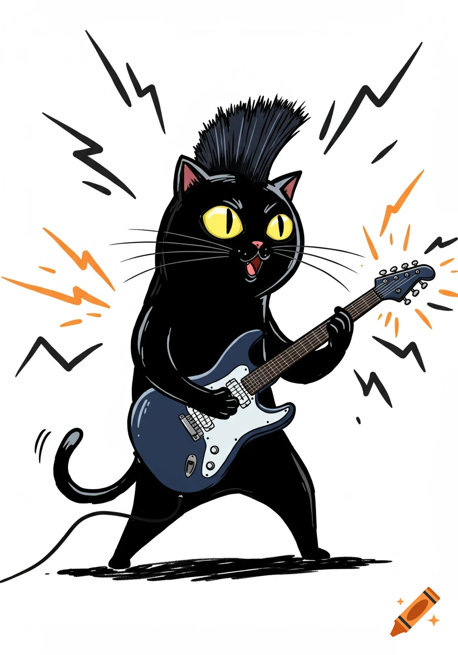 Stylized cartoon of a punk rock black cat with a mohawk playing an ...