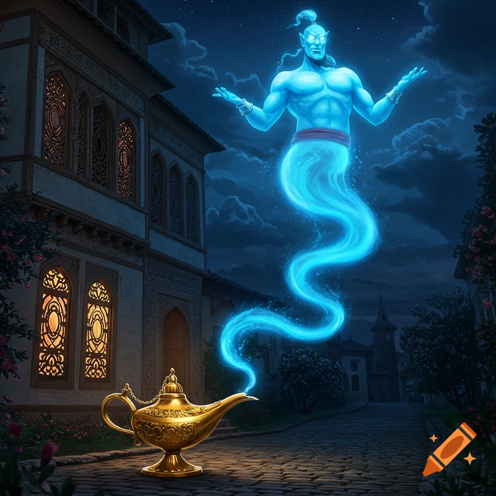 A glowing blue genie emerges from a golden magic lamp in front of an ...