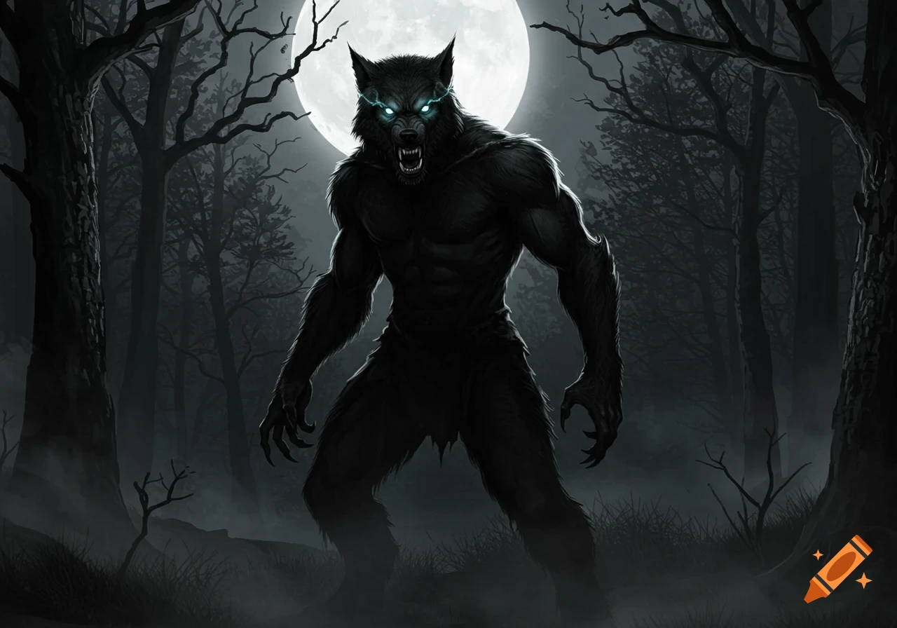 A menacing werewolf with glowing blue eyes stands in a dark, misty ...