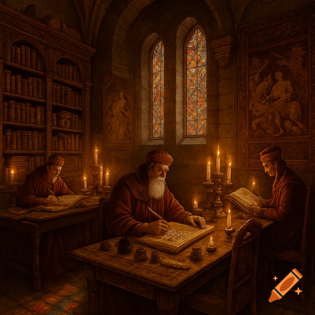 An old painting depicts three monks in a dim, candlelit scriptorium ...