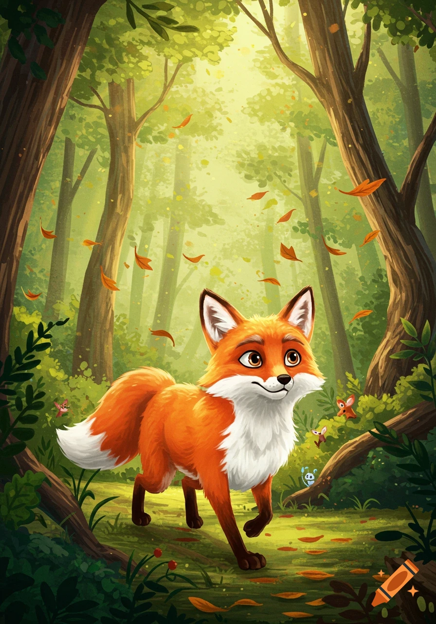 A cheerful, animated fox with orange fur and white belly dances in an ...