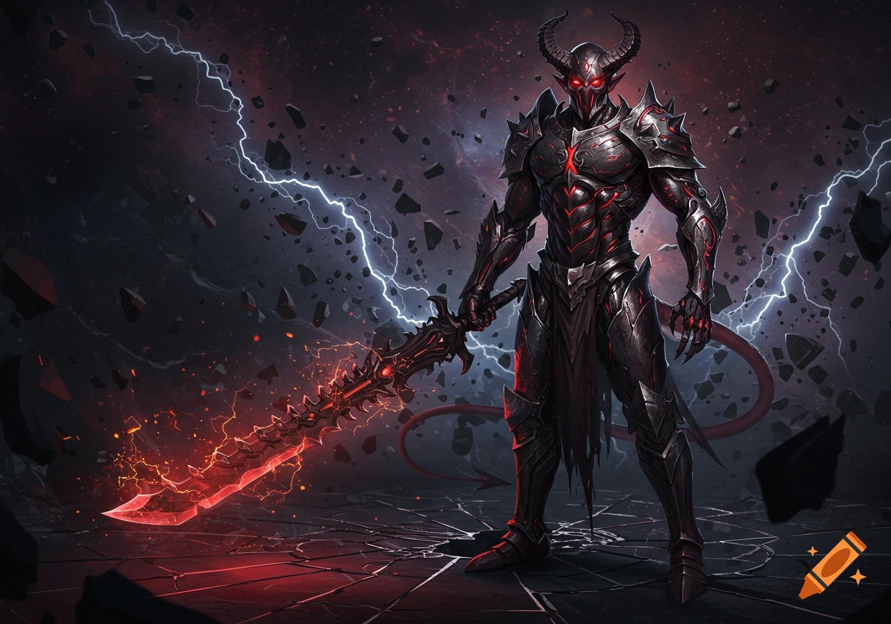 A demon-cyborg warrior in dark armor with glowing red accents, wielding ...