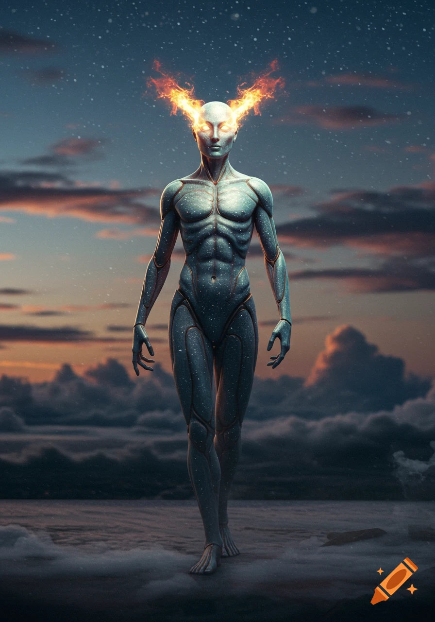 A muscular, ethereal humanoid figure with a speckled gray body and ...