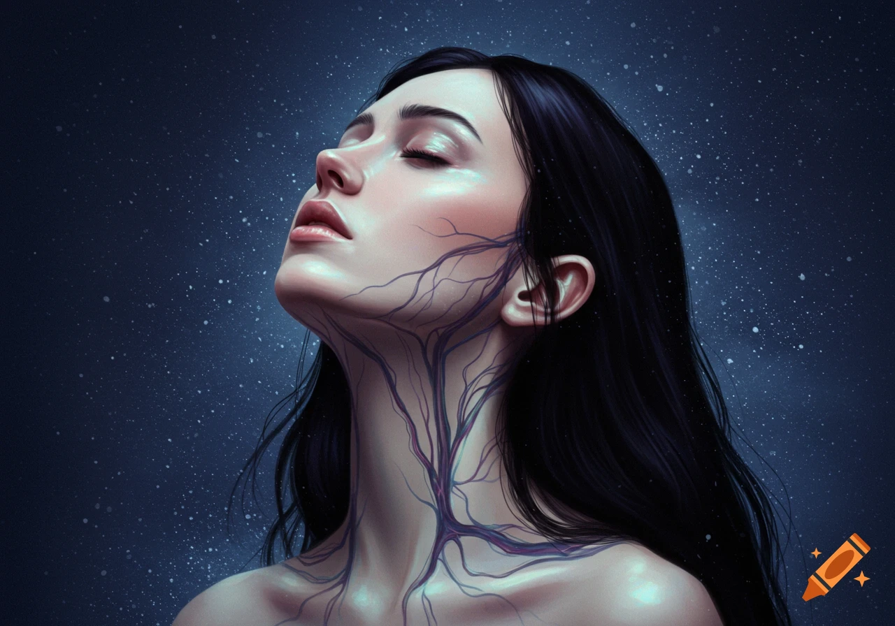 A human face formed from digital code and numbers, glowing with white ...