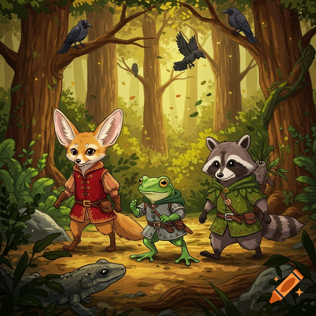 A cartoon fennec fox, frog, and raccoon in medieval outfits walk through a forest, with a ...