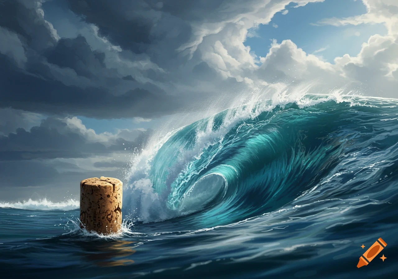 A large blue-green tsunami wave surges towards a modern city skyline ...