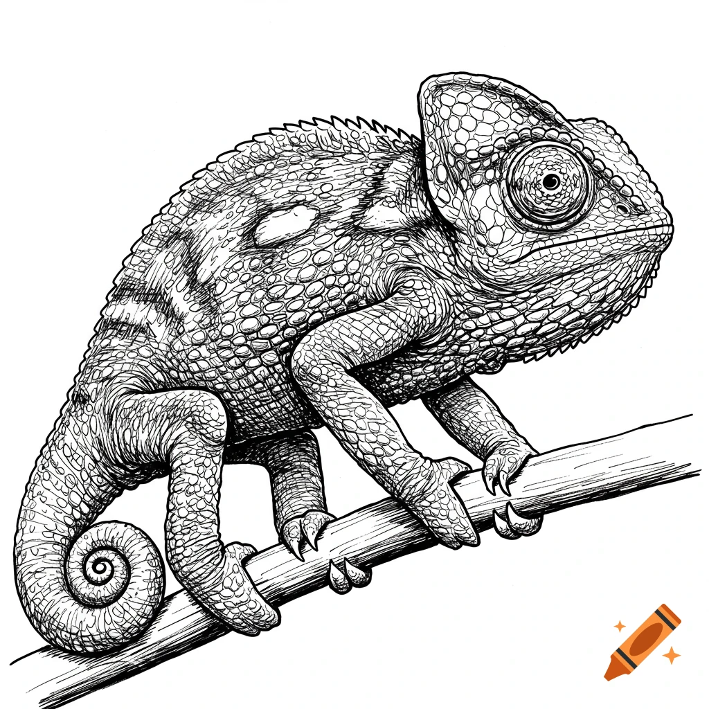 A detailed black and white pen and ink drawing of a chameleon perched ...