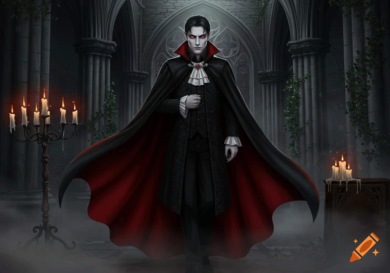 A pale-skinned vampire with red eyes, black hair, and a black and red ...