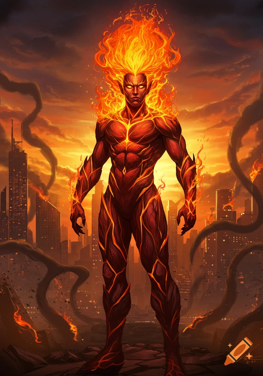 A muscular, fiery humanoid figure with flaming orange hair and molten ...