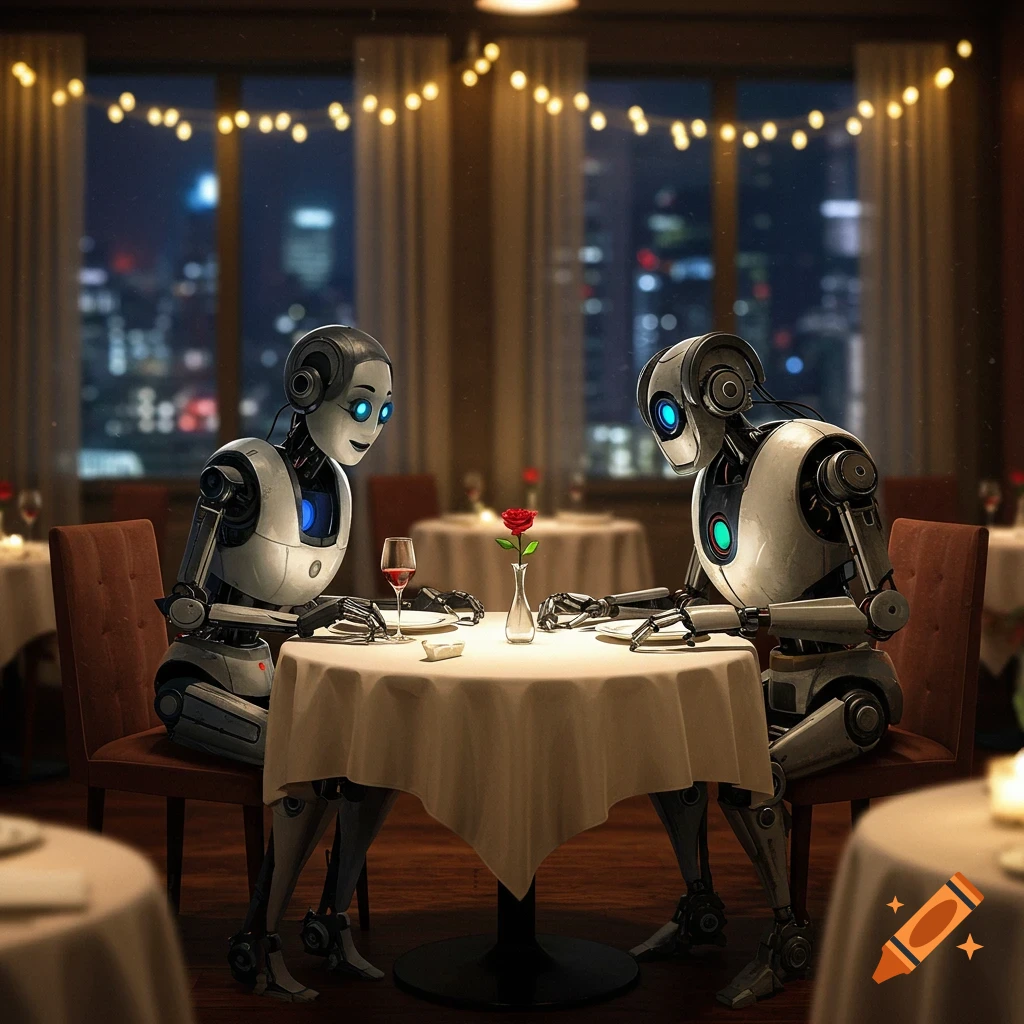 Two humanoid robots on a romantic date at a dimly lit restaurant, with ...