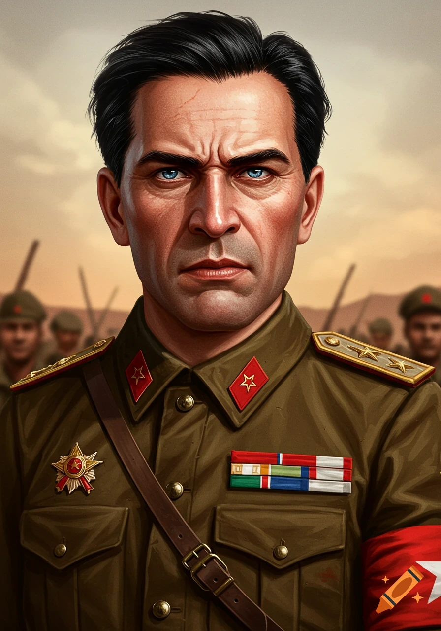 Realistic portrait of a stern male communist leader in a green uniform ...