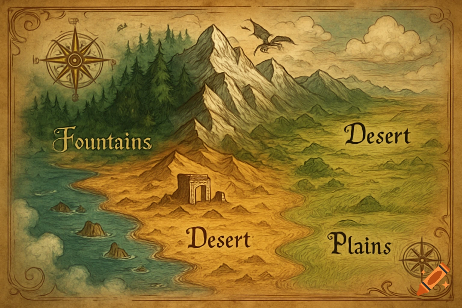 An old-style fantasy map with biomes including forests, mountains ...