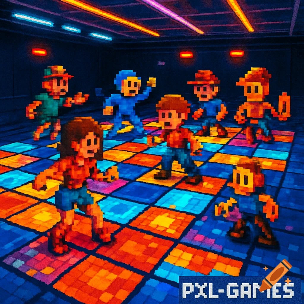 Pixel art characters dance on a vibrant, interactive disco floor with ...
