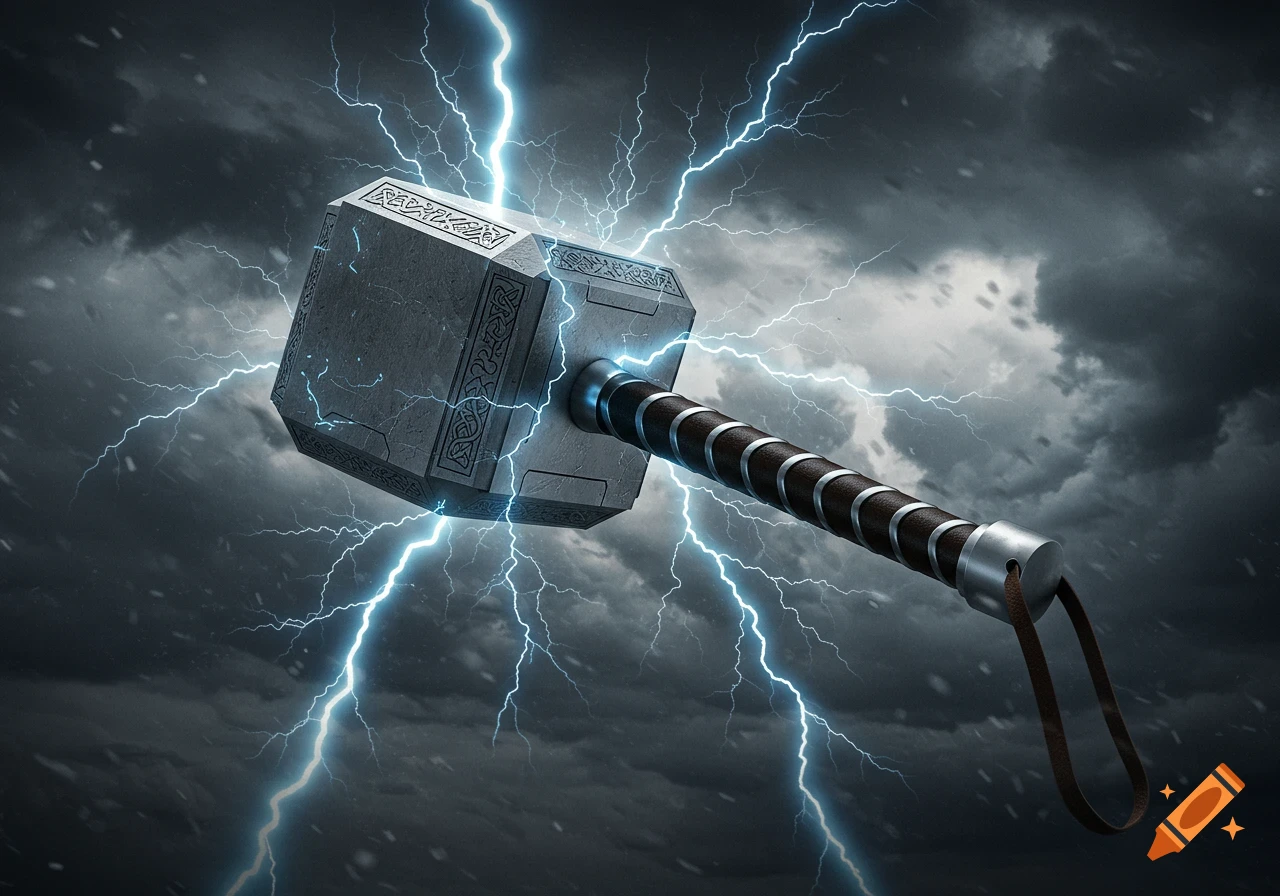 Thor's hammer, Mjolnir, glowing and crackling with blue lightning ...
