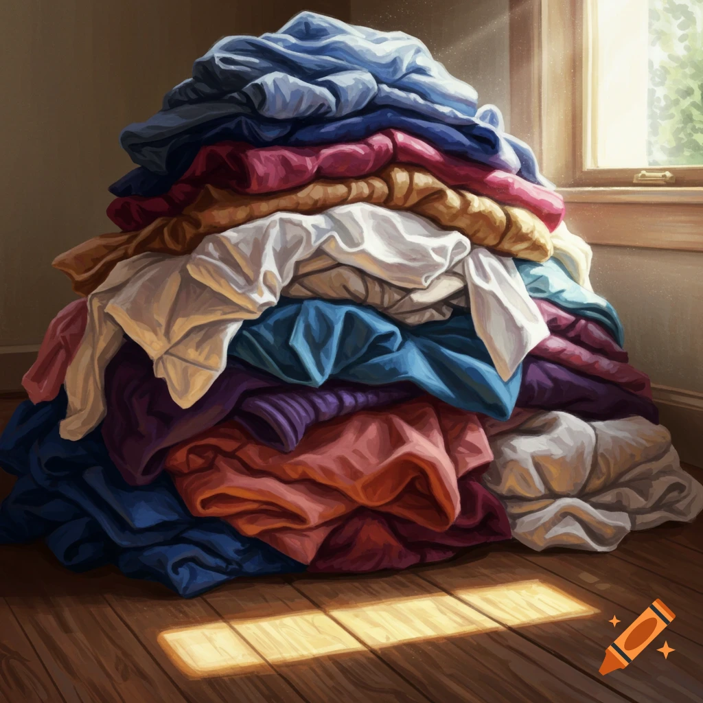 A large pile of colorful laundry sits on a wooden floor next to a ...