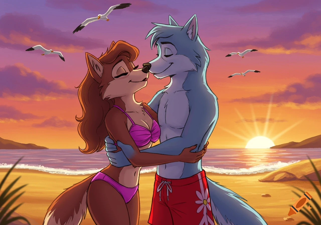 A brown female wolf in a pink bikini and a light blue male wolf in red briefs hug and kiss on a ...
