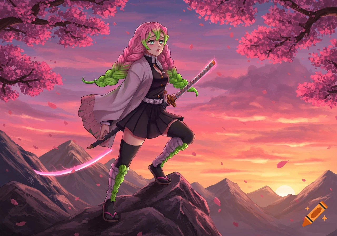 Anime character Mitsuri Kanroji stands on a rock, holding a glowing ...