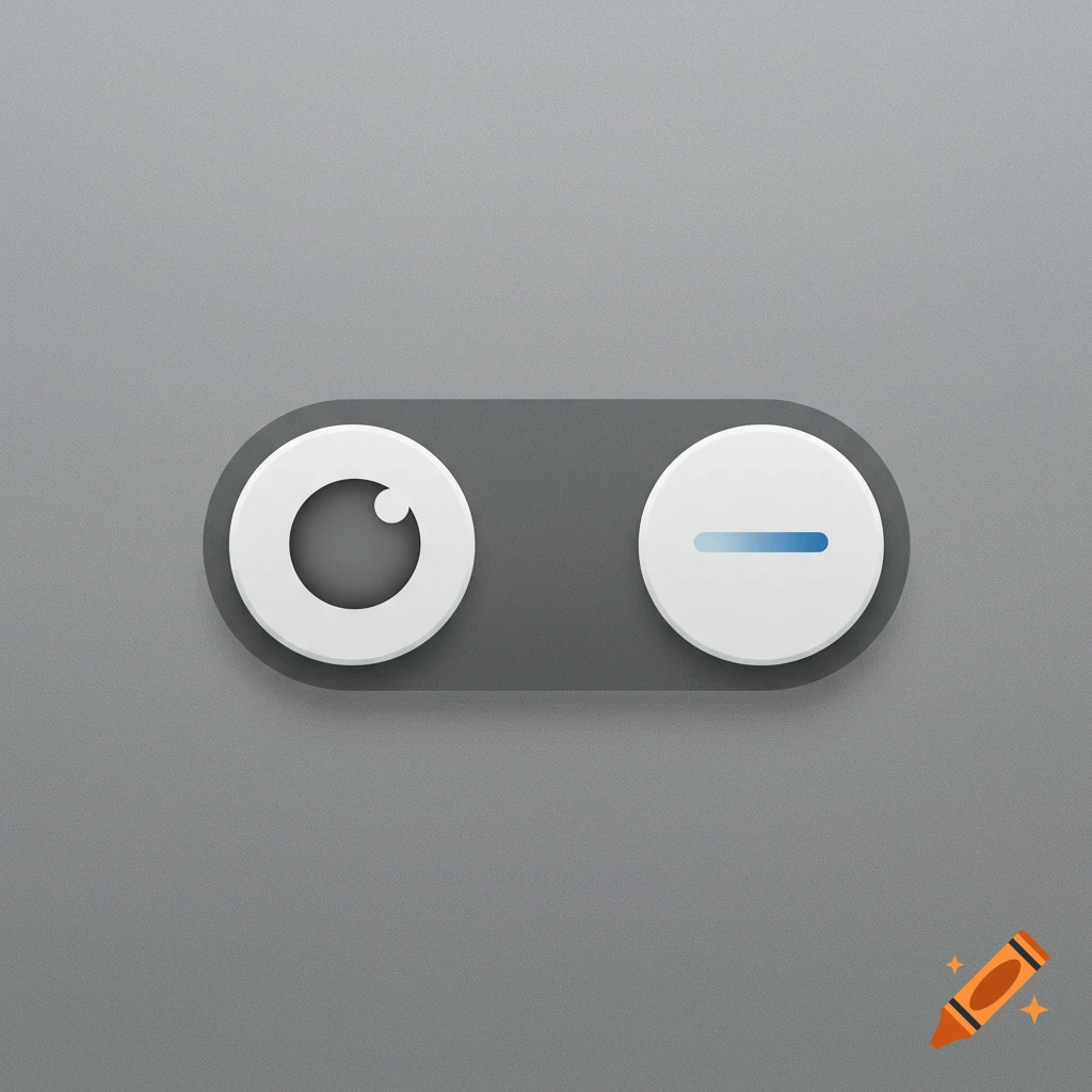 Minimalist UI toggle switch with an eye icon and a minus sign icon on a grey background. on Craiyon