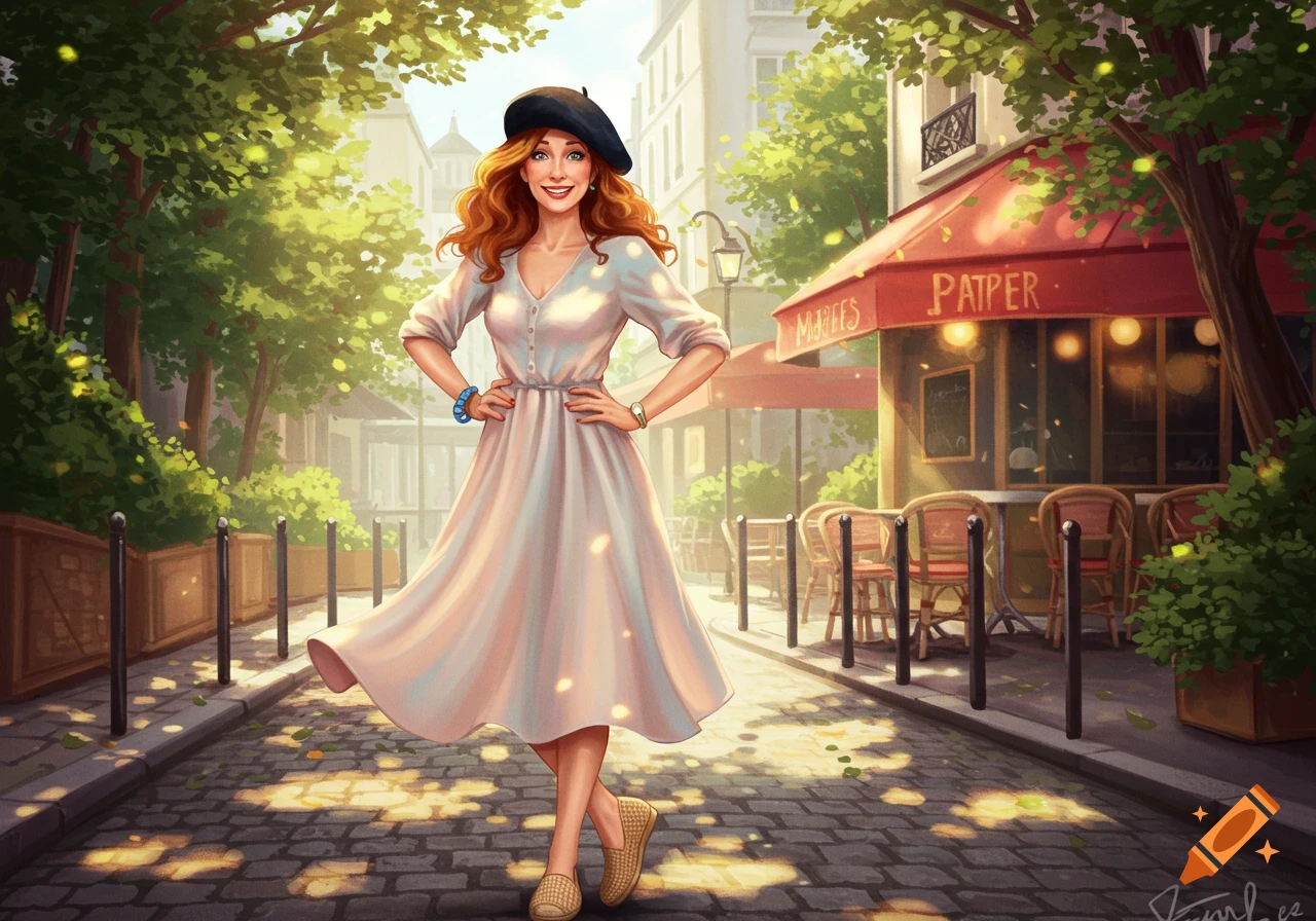 An illustrated blonde woman plays a trumpet in a sunny village street ...