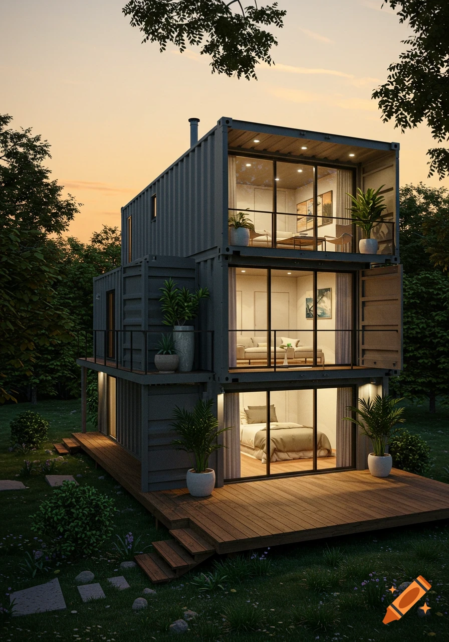 A photorealistic three-story container house at dusk, with warm lights ...