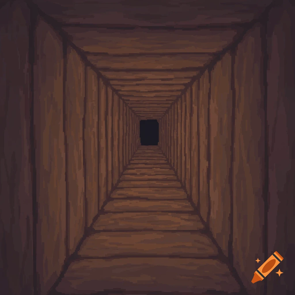 Pixel art view down a dark, square wooden mine shaft or tunnel, with ...