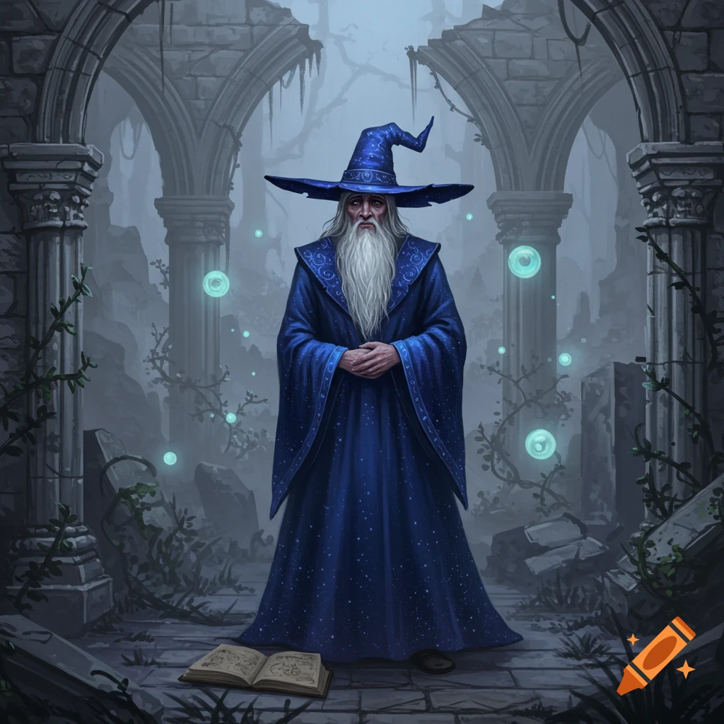 A sad-looking wizard with a long white beard and a blue pointed hat ...