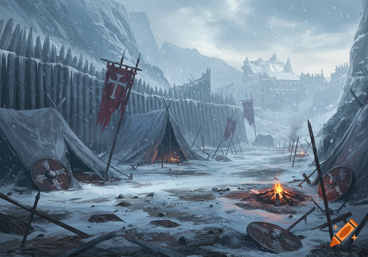 A dark, intense fantasy battle scene with a massive explosion at the ...