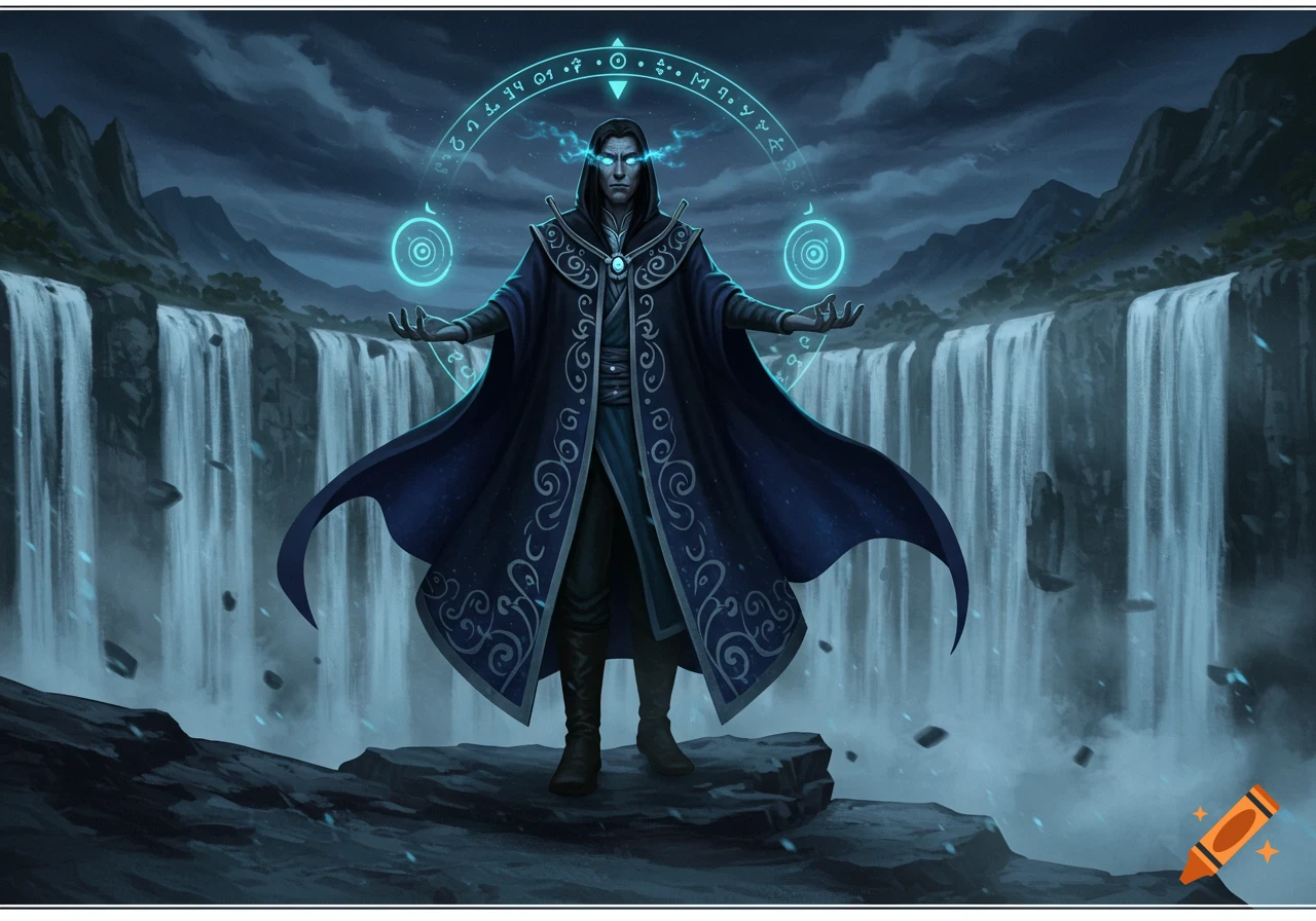 A robed wizard with glowing blue eyes stands before waterfalls ...