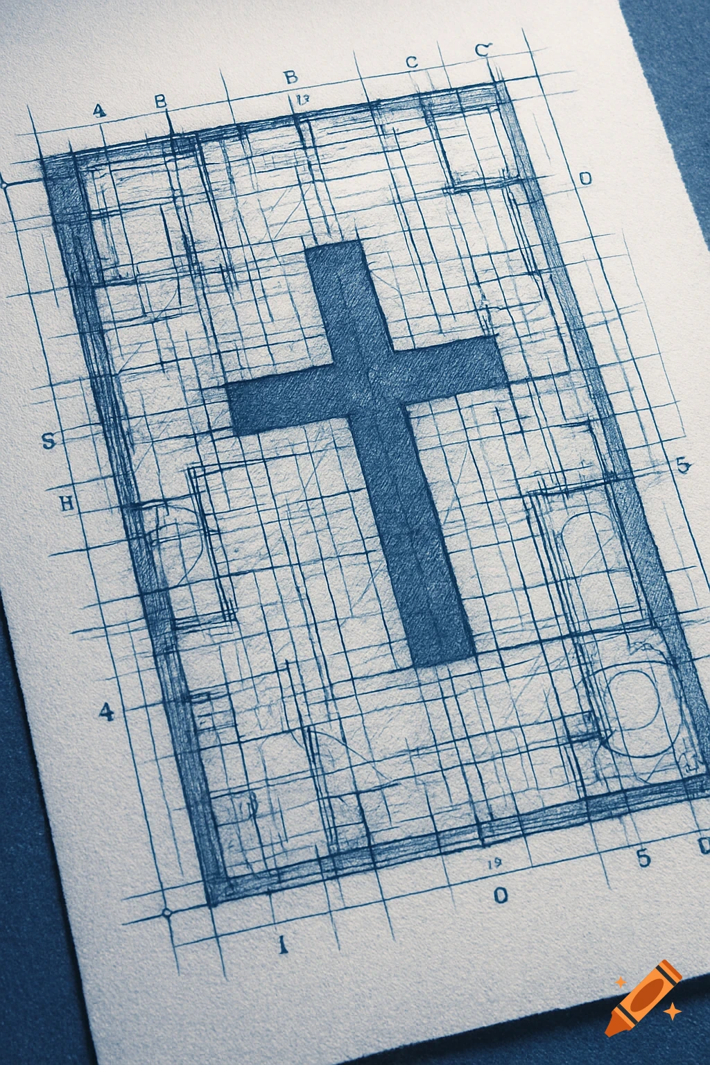 A blue ink blueprint plan on white paper, featuring a cross in the ...