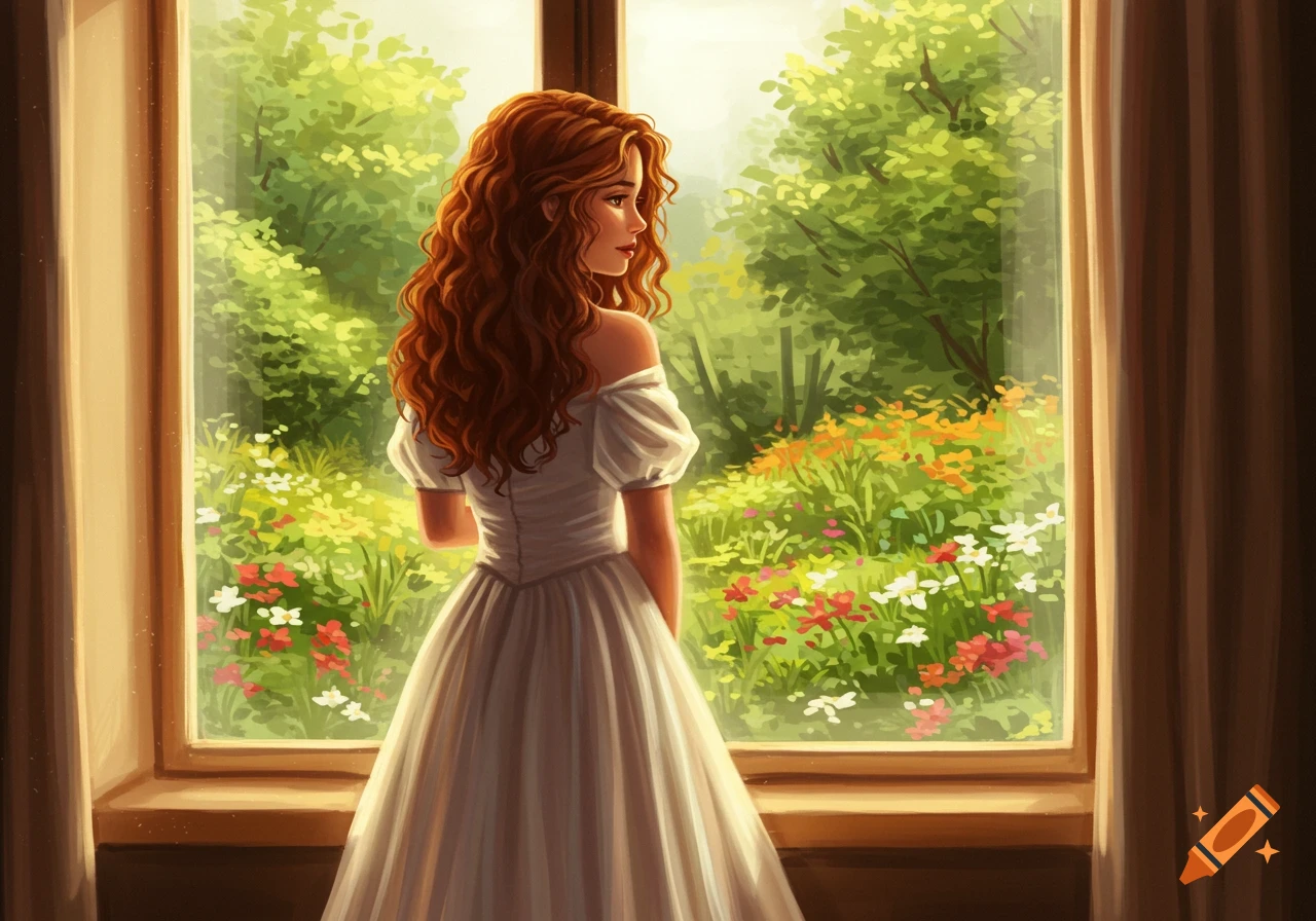 A woman in a grey dress stands smiling in a sunlit, vine-covered stone ...