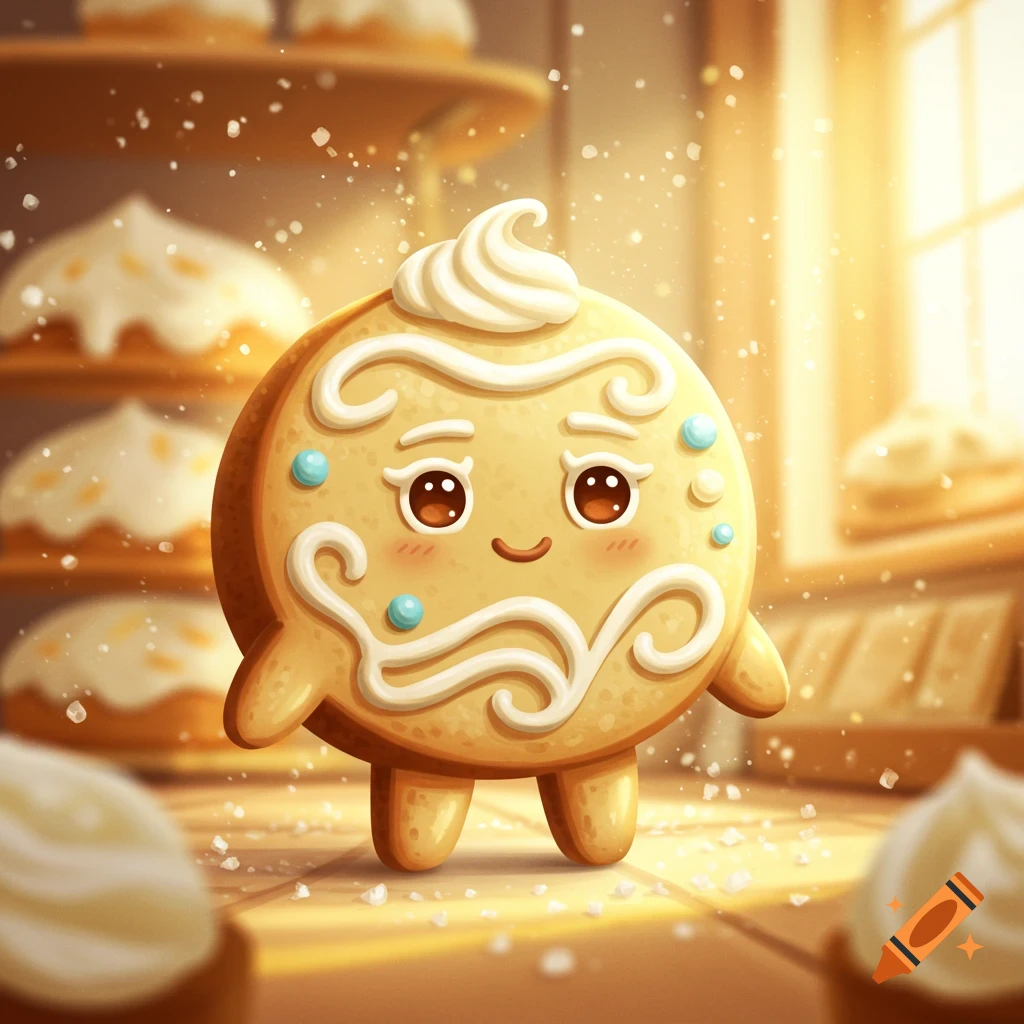 A cute, smiling round cookie character with white icing and blue ...