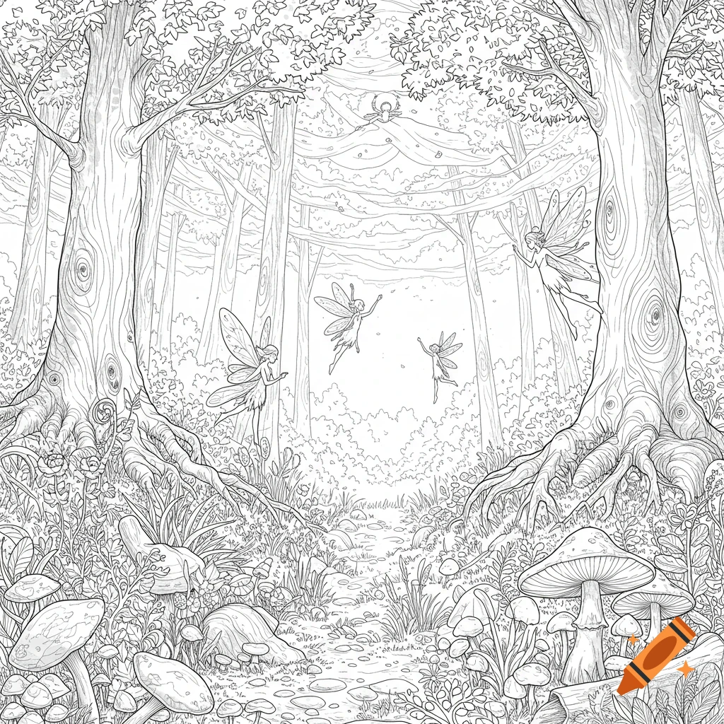 Line art coloring page of an enchanted forest with large trees ...
