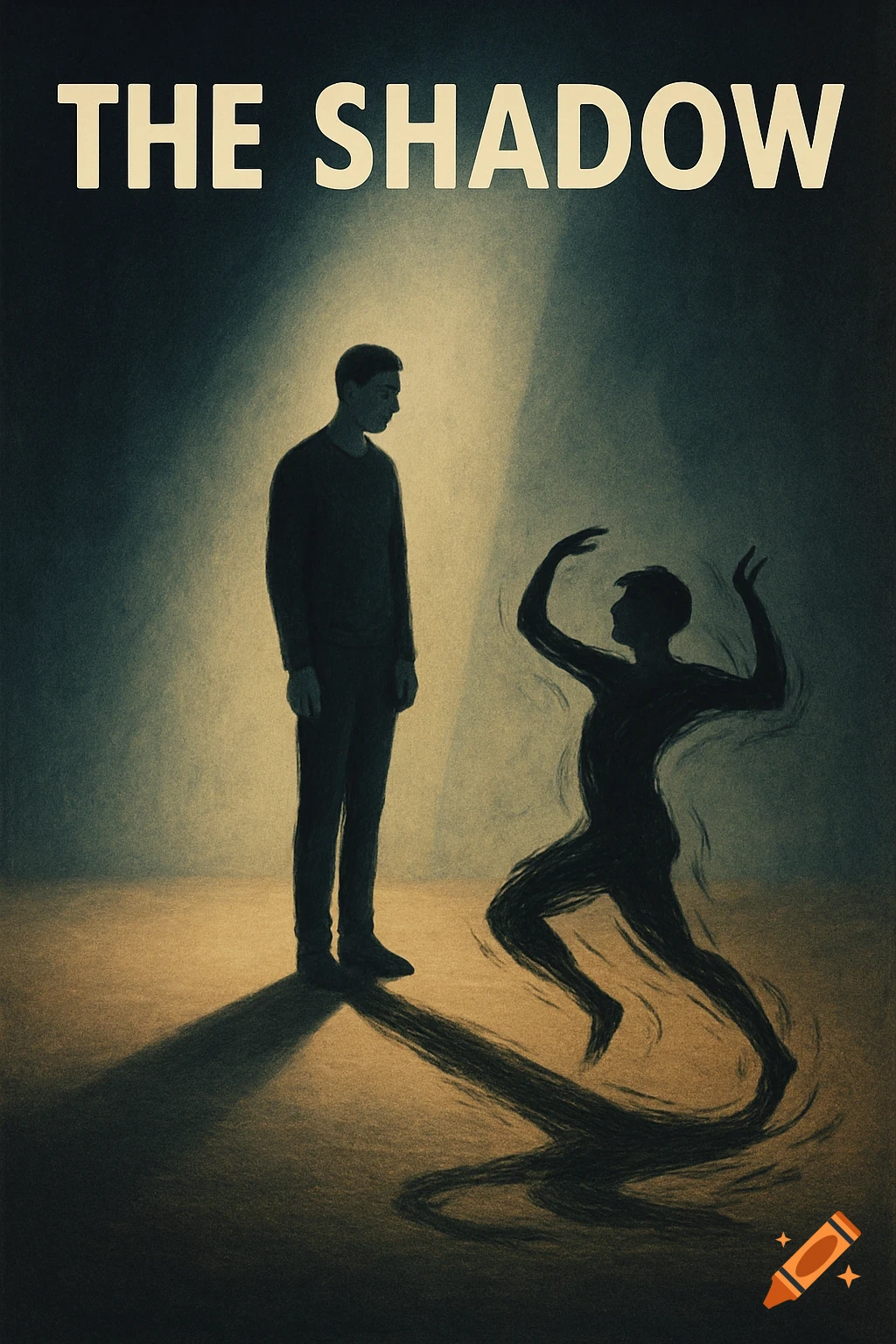 A man stands under a spotlight looking at his distorted, dancing shadow ...