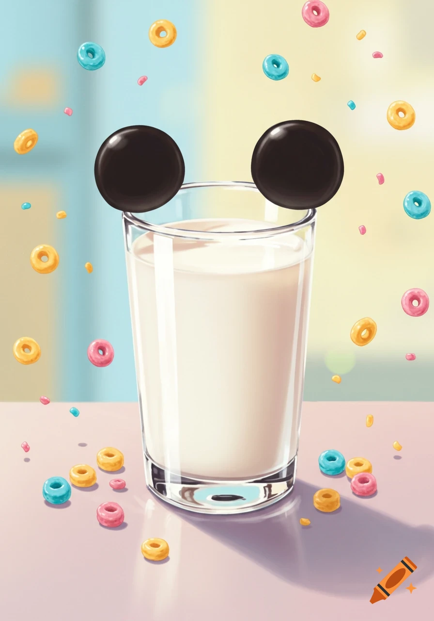 Illustrated glass of milk with chocolate cookies resembling Mickey ...