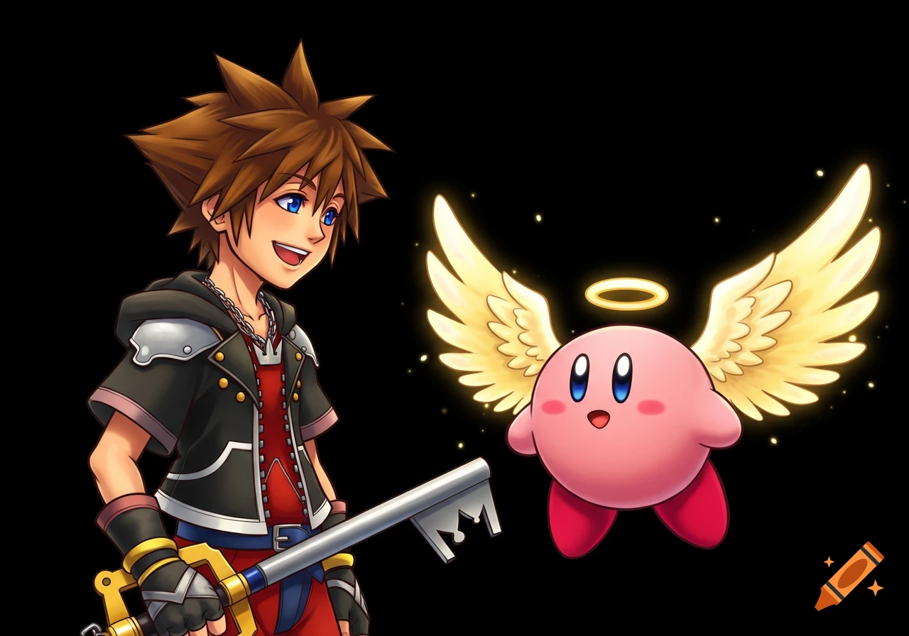 Sora from Kingdom Hearts smiles at an angelic Kirby with golden wings ...