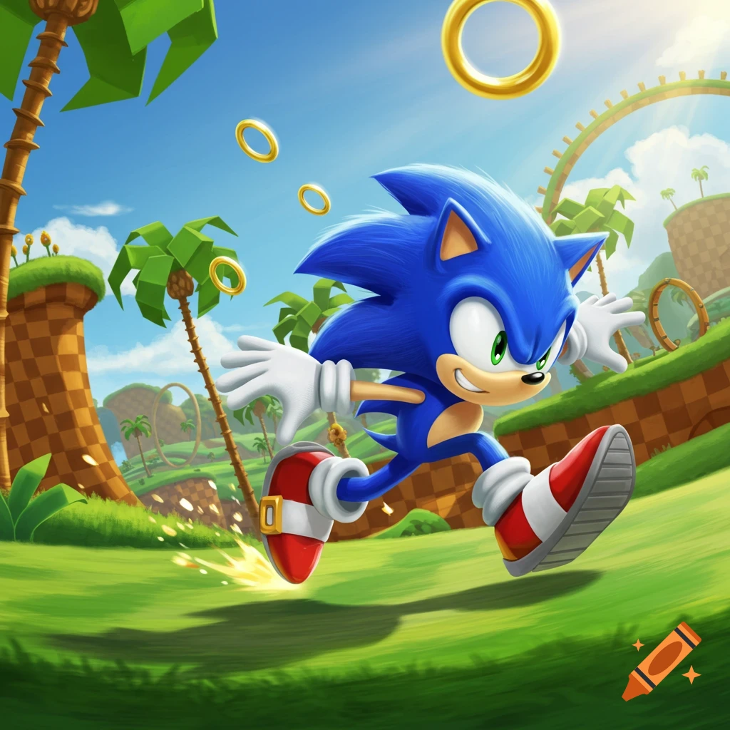 Amy Rose running fast on a pink path in a vibrant, cartoonish Green ...