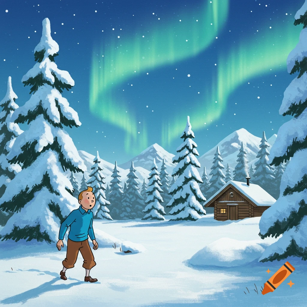 An illustrated festive winter night scene with green northern lights ...