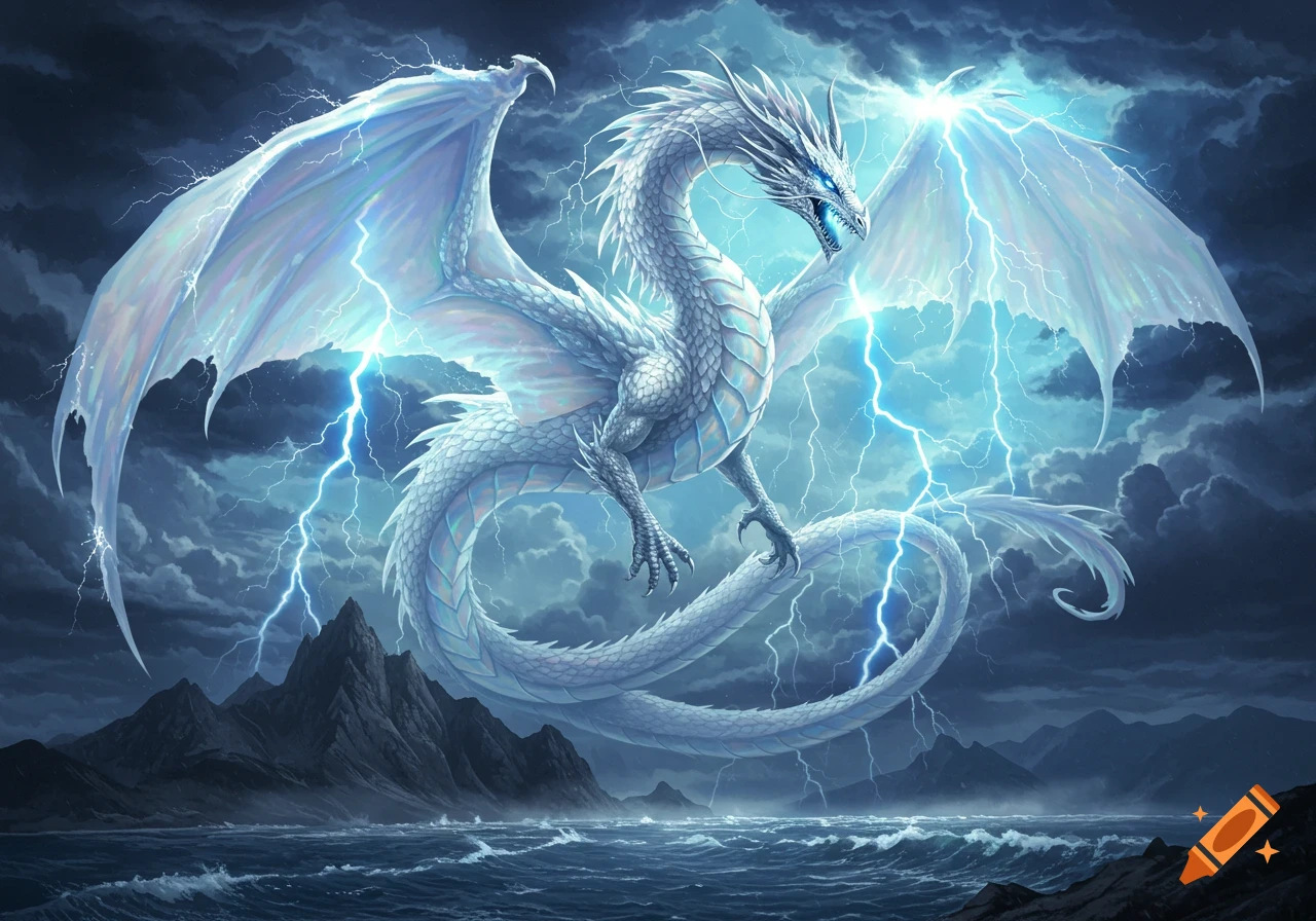 A blue and a red dragon battle amid lightning and stormy clouds above ...