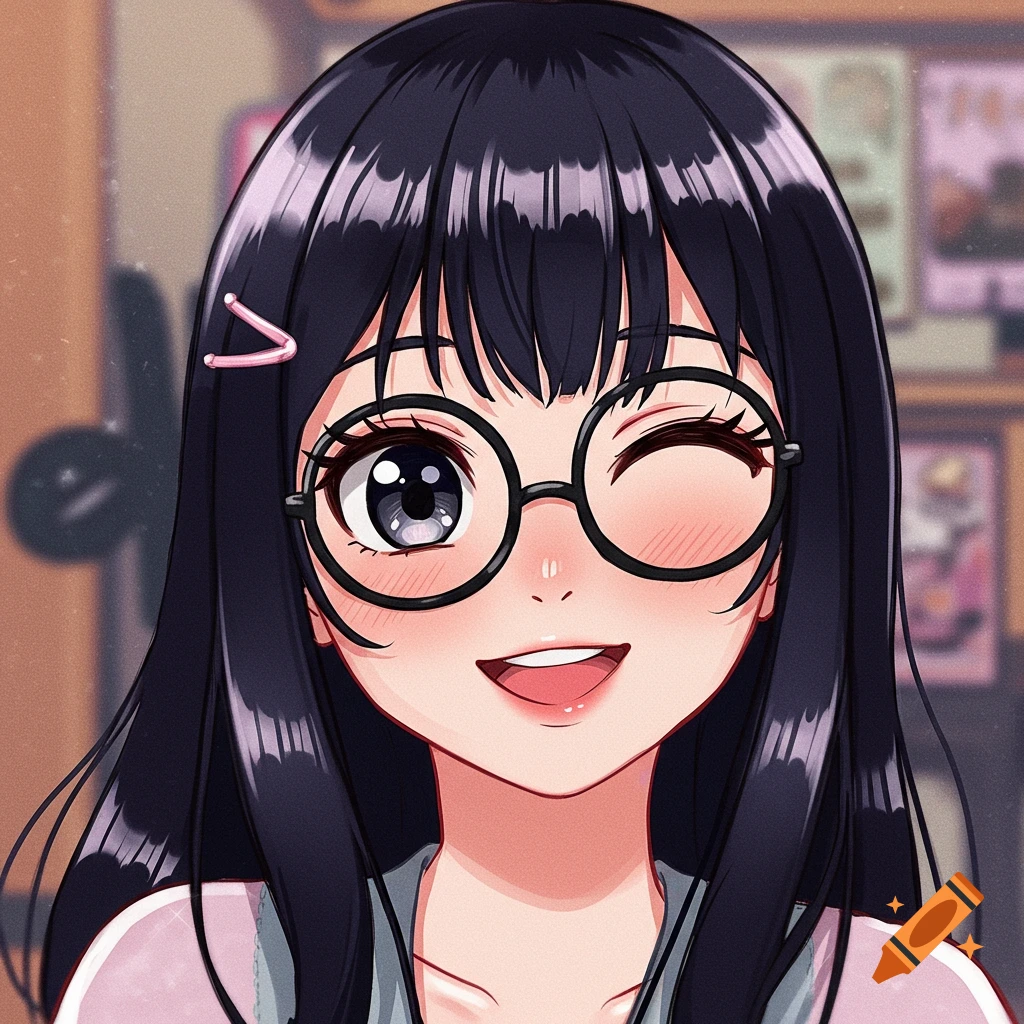 Close-up anime portrait of a girl with black hair, bangs, black-framed ...