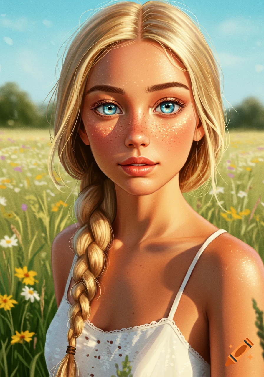 Stylized portrait of a blonde girl with blue eyes and freckles, wearing ...