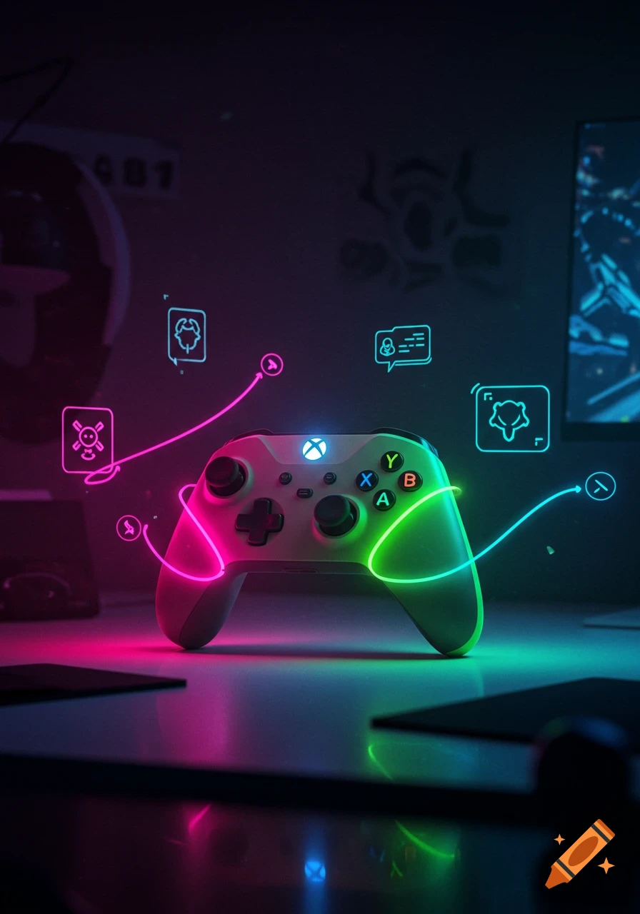 A close-up shot of an Xbox controller glowing with vibrant pink and ...