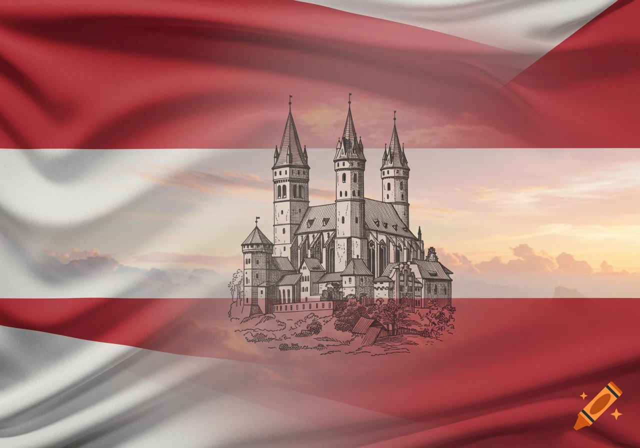 A waving red and white flag, with a detailed gothic castle illustration ...