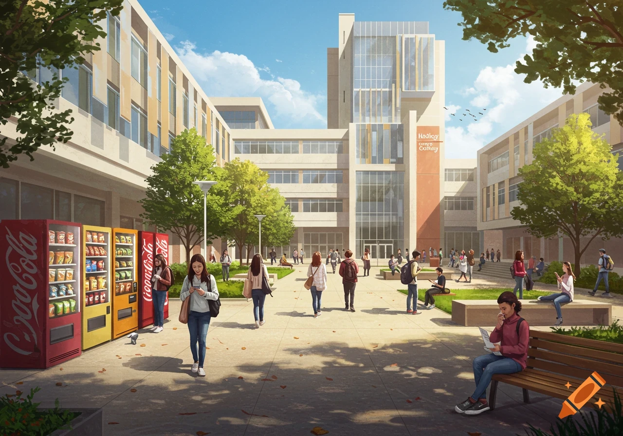 A group of students walks towards a large glass building with "IHECS ...