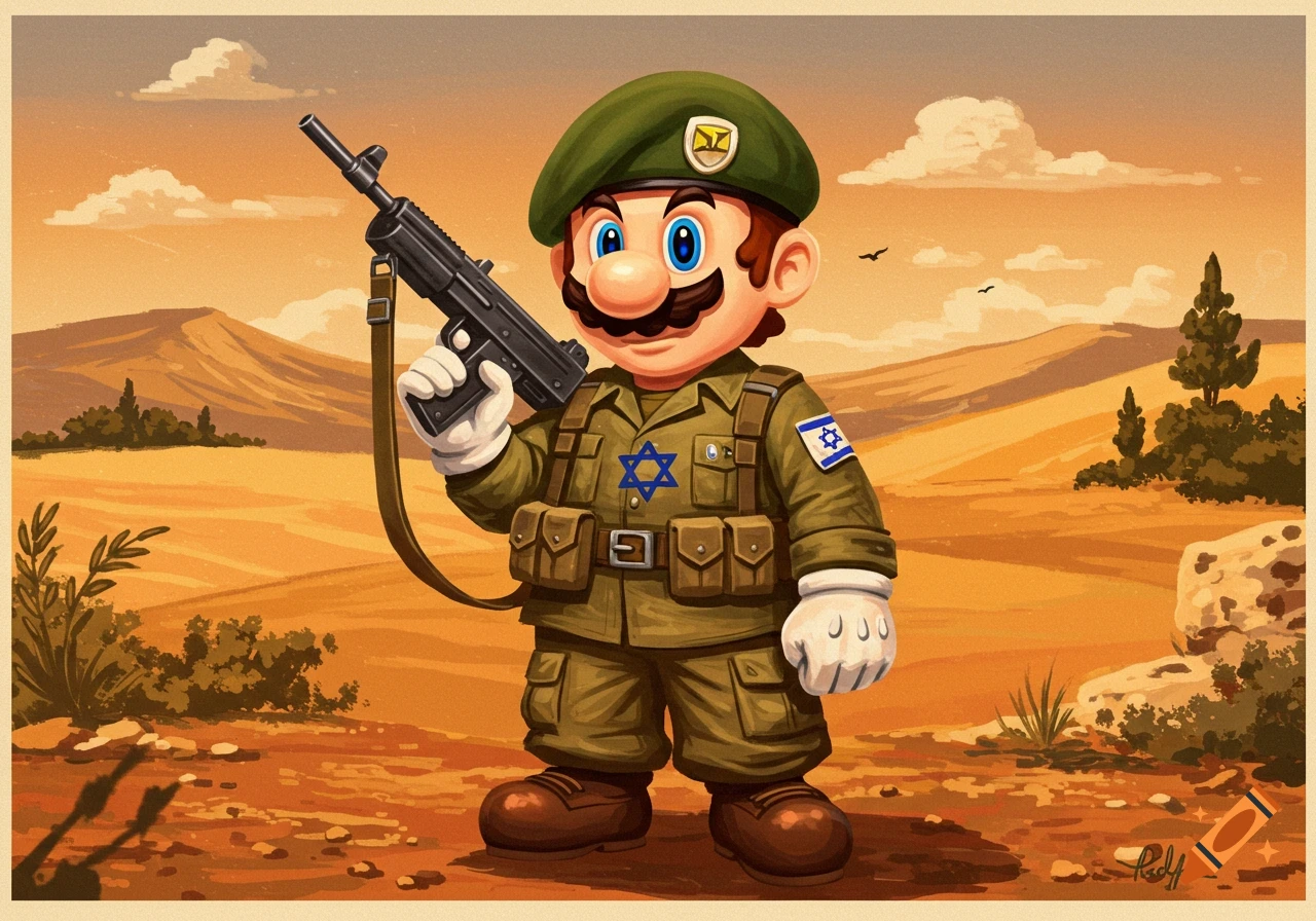 Cartoon Mario dressed as an Israeli soldier, holding a rifle in a ...