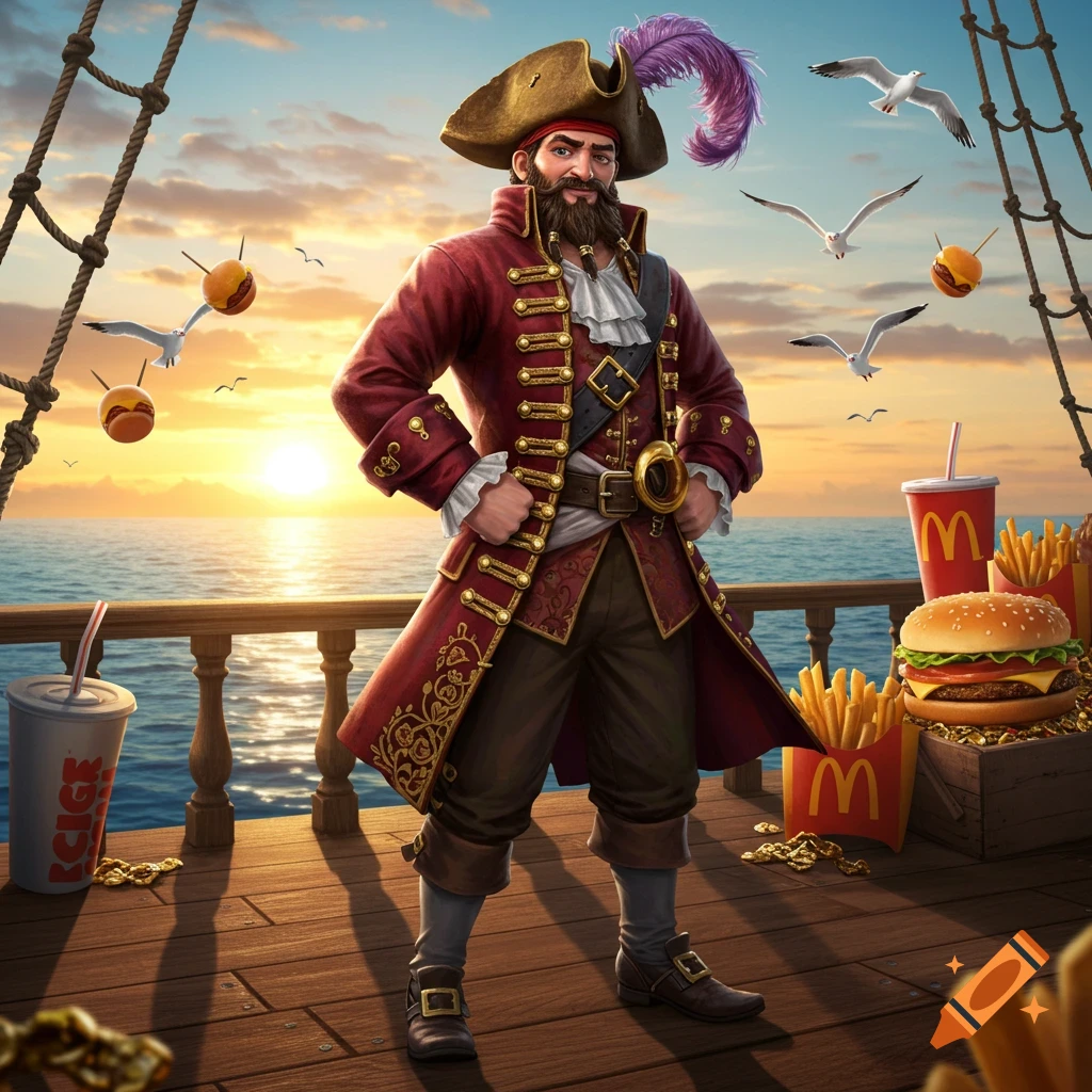 A bearded pirate in a red coat stands on a ship's deck at sunset ...