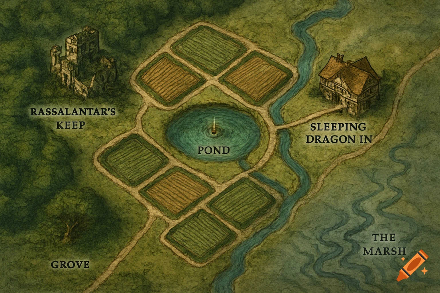 A hand-drawn map of Camp Green Lake showing tents, cabins, a lake, and ...