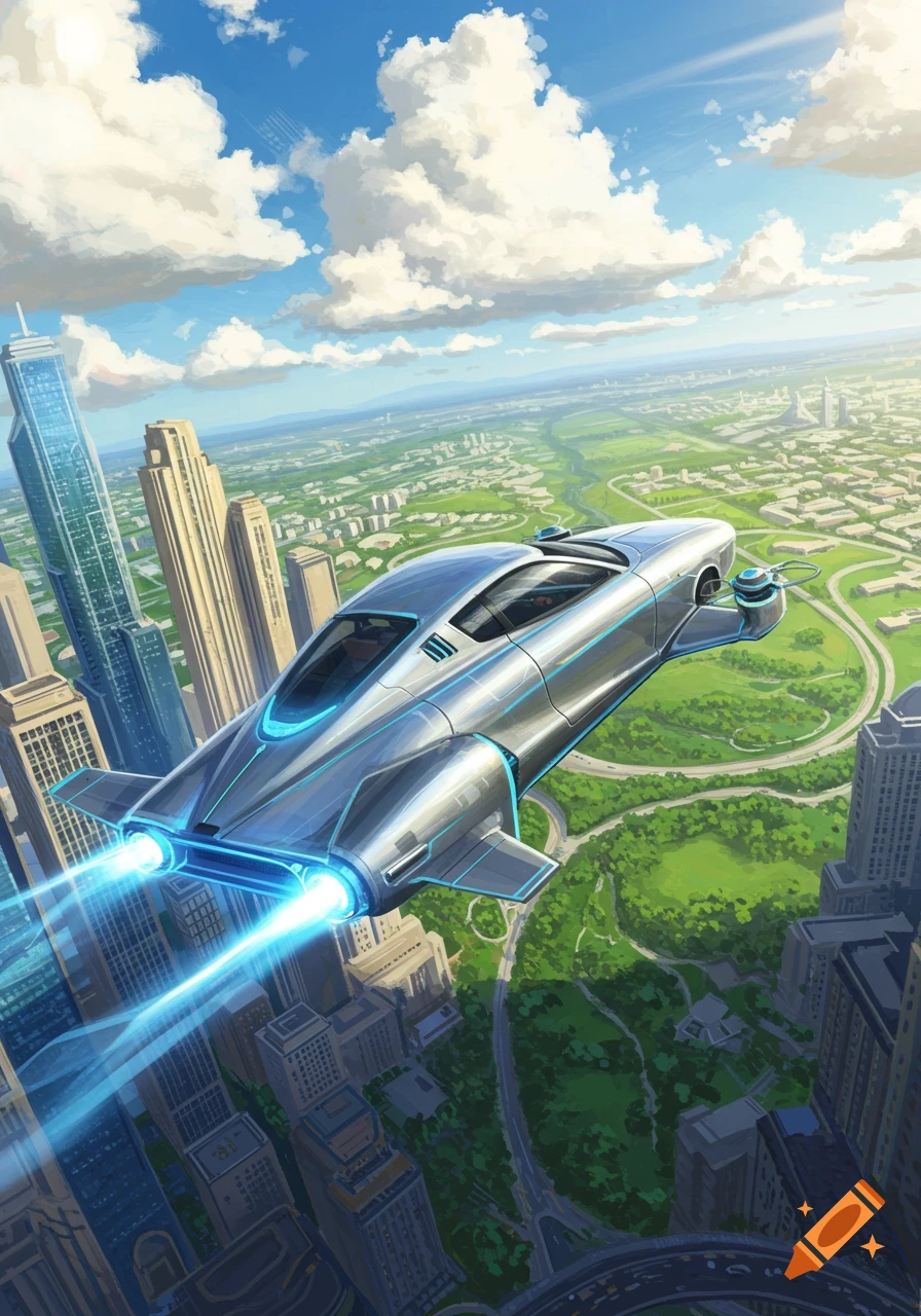 A sleek silver futuristic flying car with blue glowing engines soaring ...