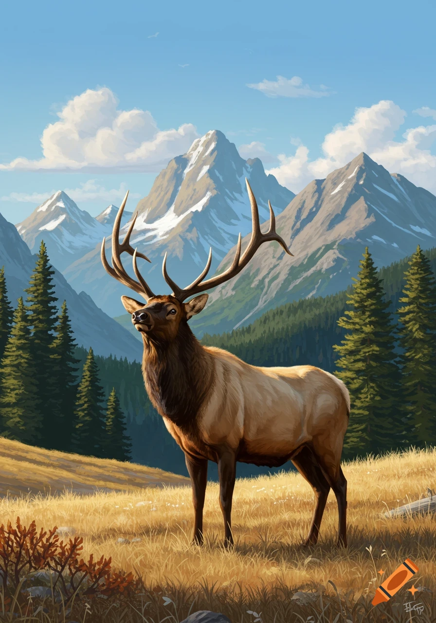 A majestic bull elk with large antlers stands in a sunny, golden meadow ...