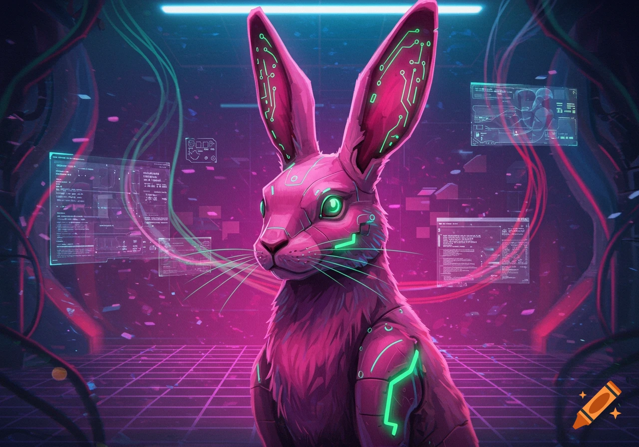 A pink, glowing tech bunny with green circuit patterns sits in a ...