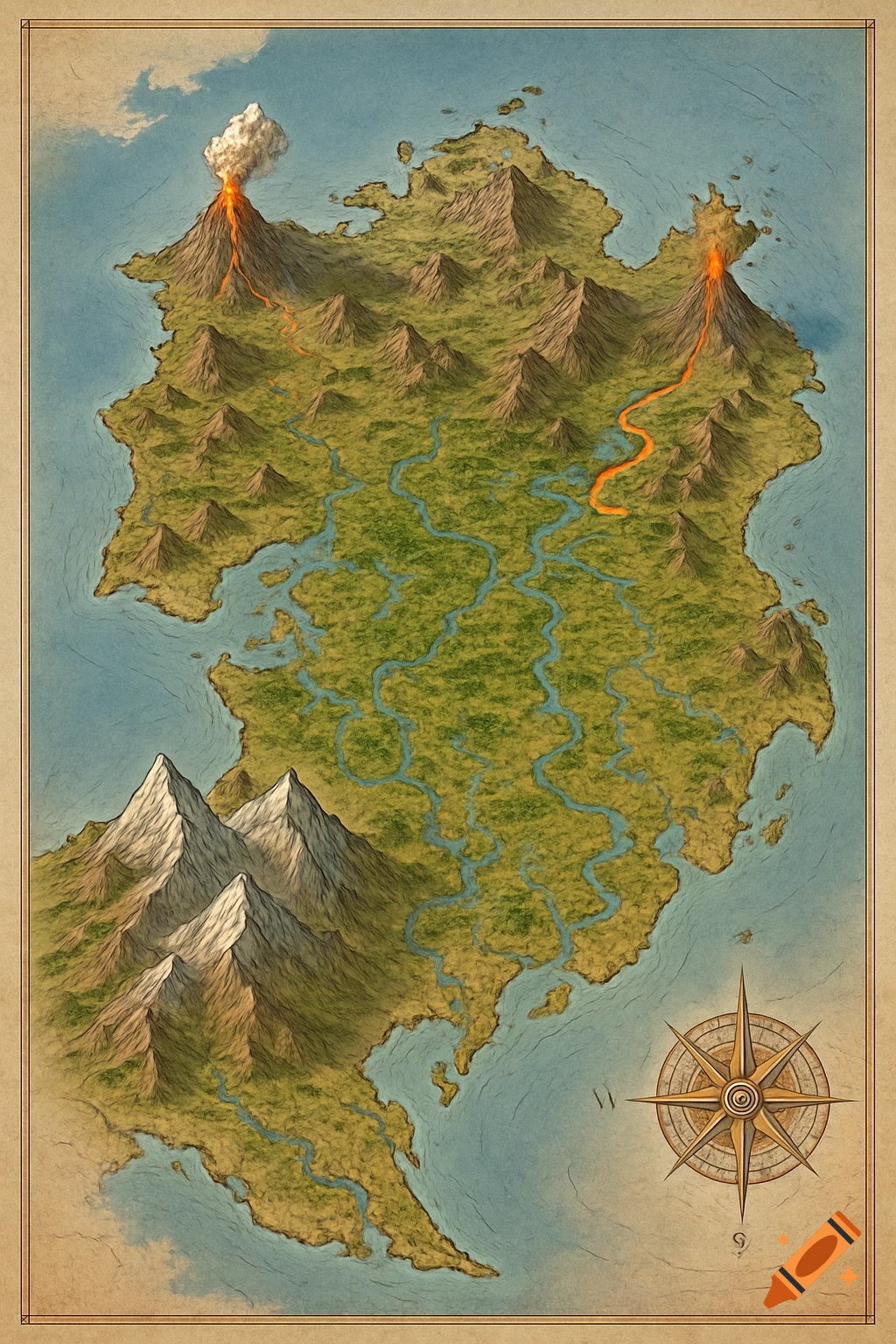 A detailed black and white ink drawing of a fantasy continent map with ...